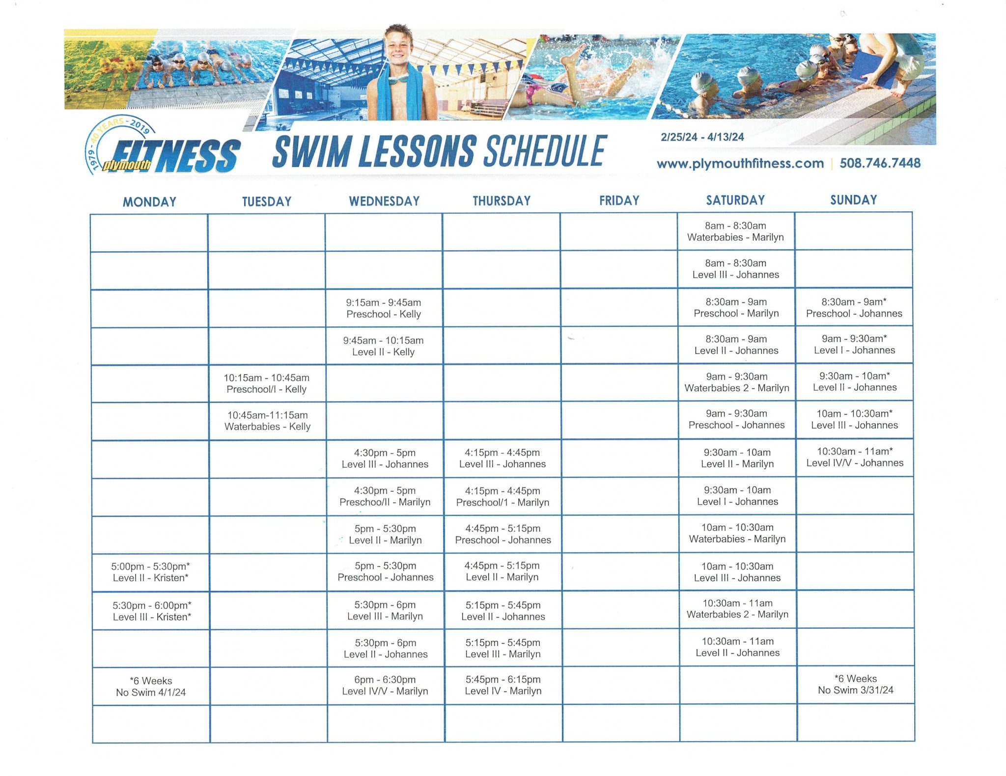 swim lesson schedule Feb 202402022024 - Plymouth Fitness